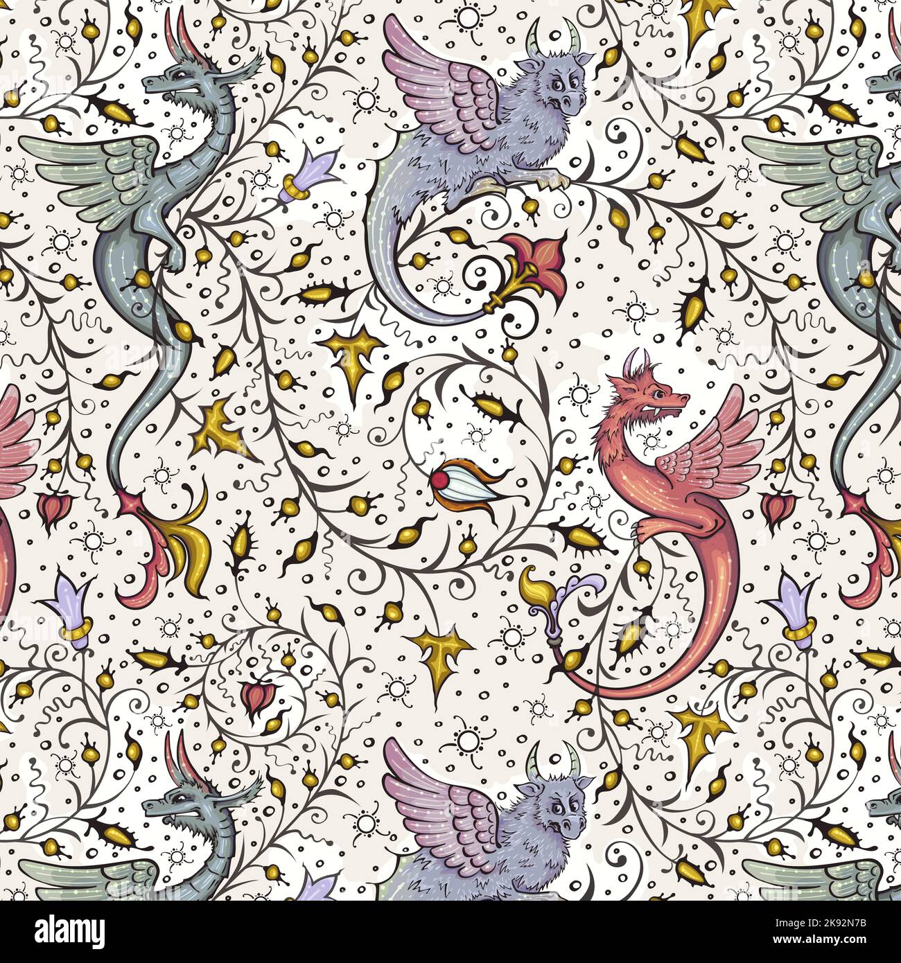 Medieval seamless pattern. Ancient book miniature. Magic manuscript ...