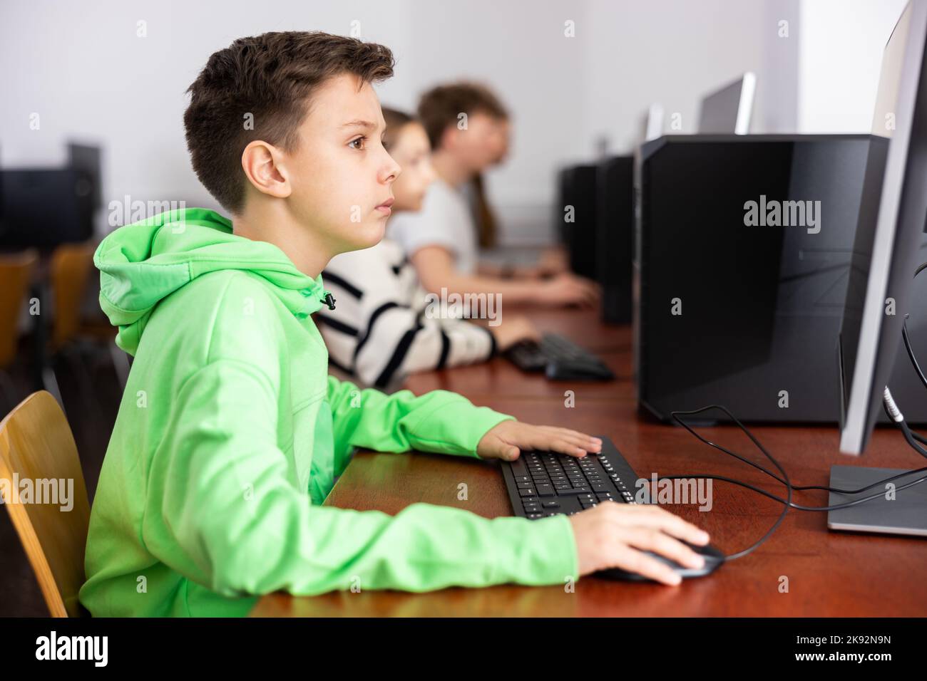 Schoolboy using PC during computer science lesson Stock Photo - Alamy