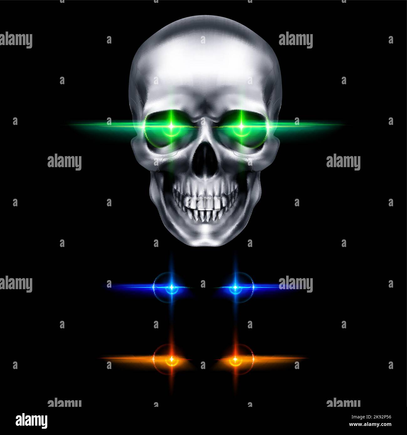 Human Metallic Skull with Green Glowing Eyes. The Concept of Death ...