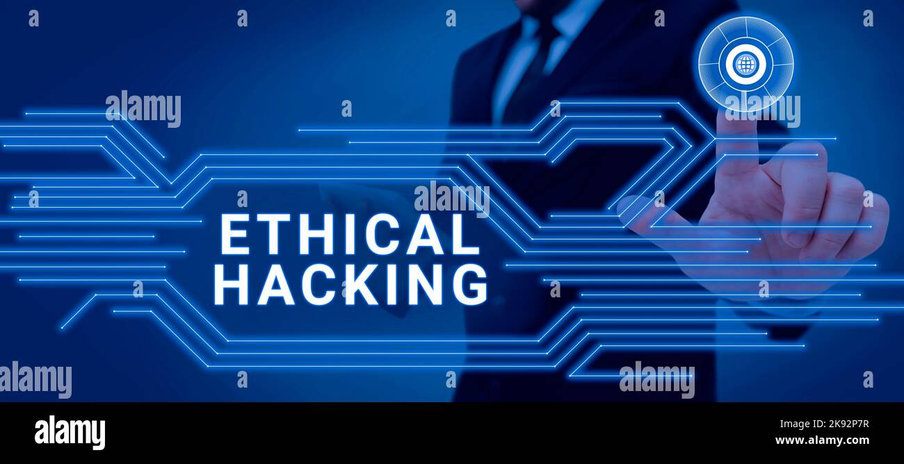 Text caption presenting Ethical Hacking. Concept meaning a legal ...