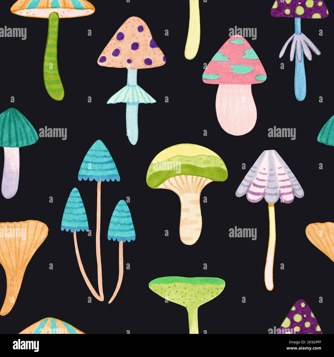 Cute watercolor texture with abstract mushroom elements. Doodle ...