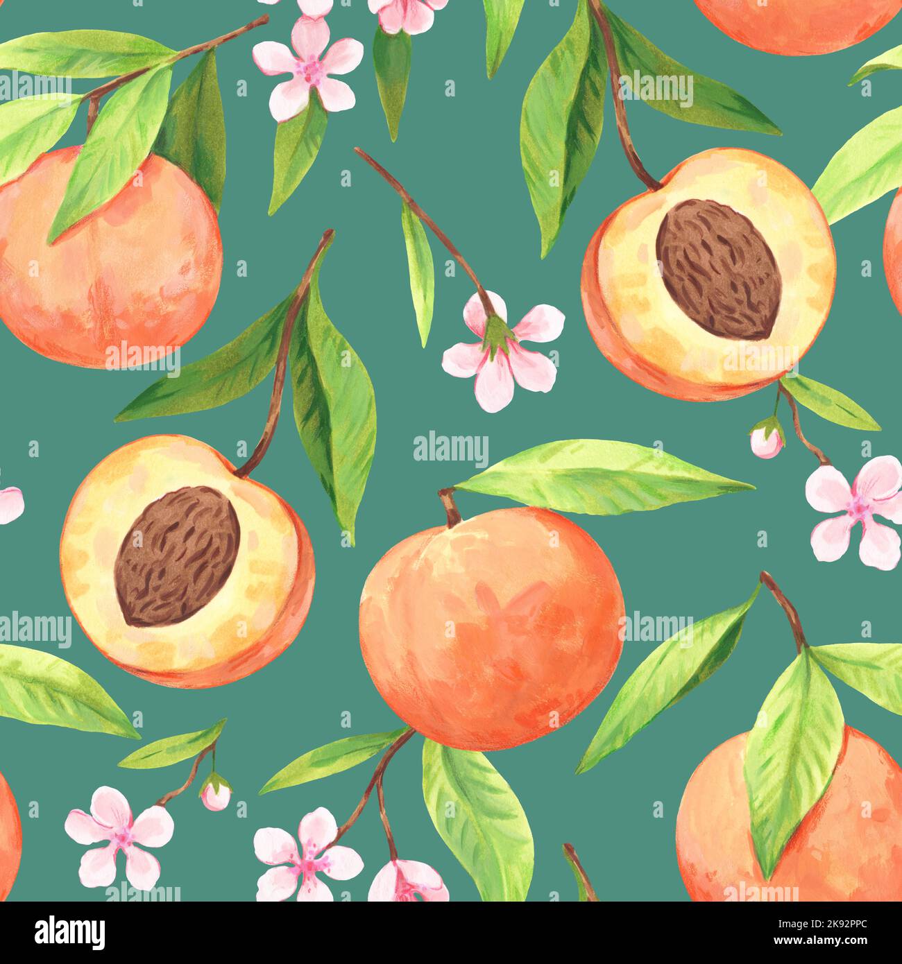 Seamless pattern with watercolor blooming peach branches with flowers ...