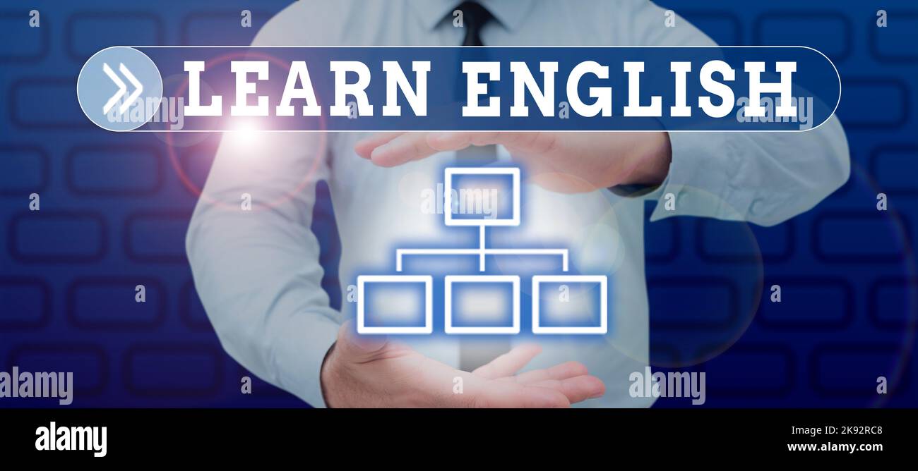 Hand writing sign Learn English. Business overview to train writing and ...