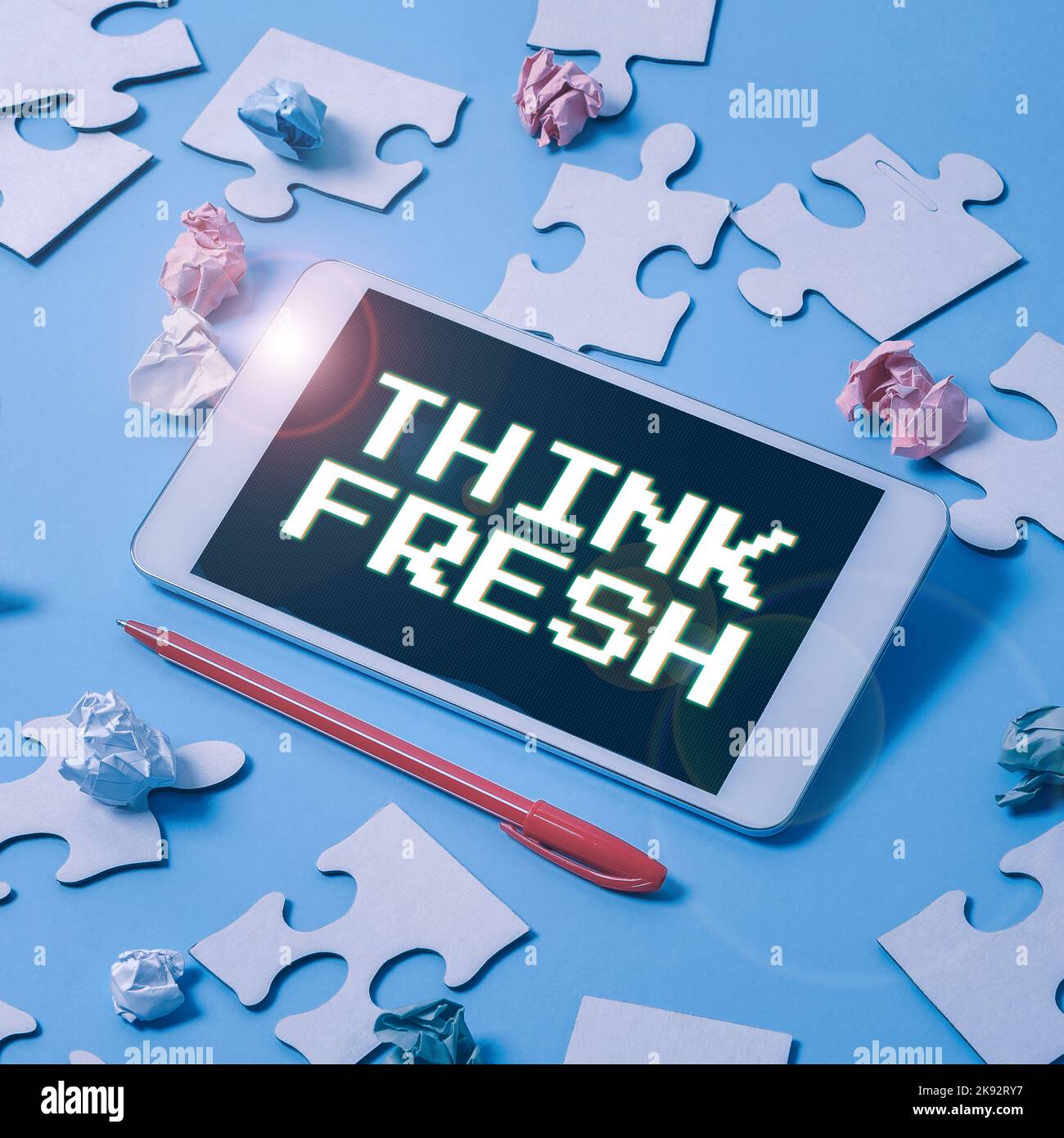 Hand writing sign Think Fresh. Word for a new perspective of thinking ...