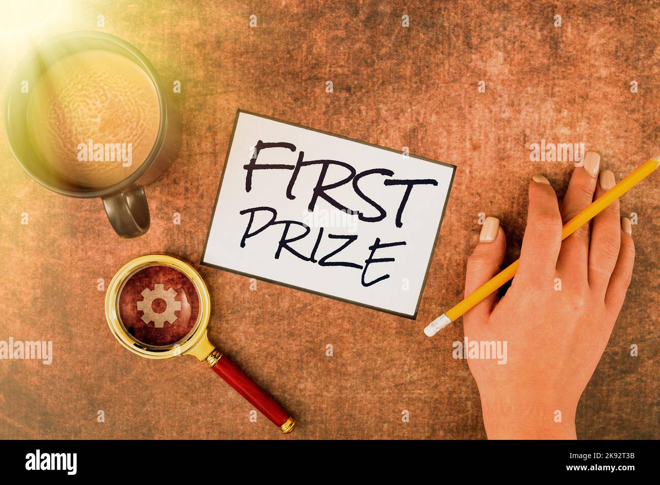 Hand writing sign First Prize. Business overview most coveted prize ...