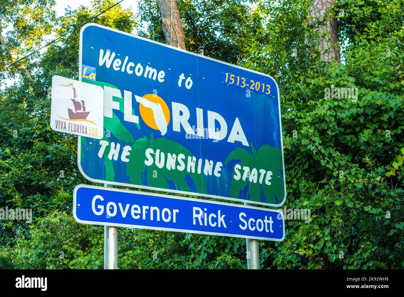 PENSACOLA, FLORIDA - JULY 18, 2013: Welcome sign to the state of ...