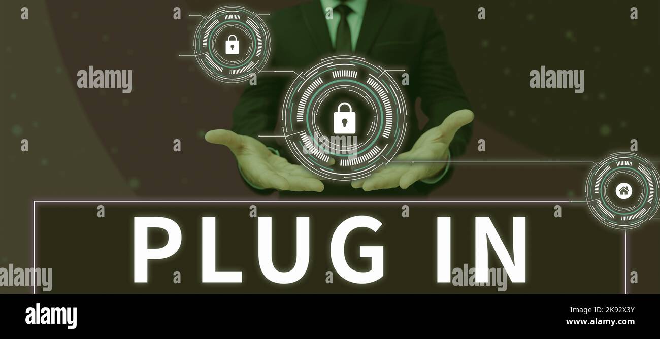 Hand writing sign Plug In. Business approach putting device into ...