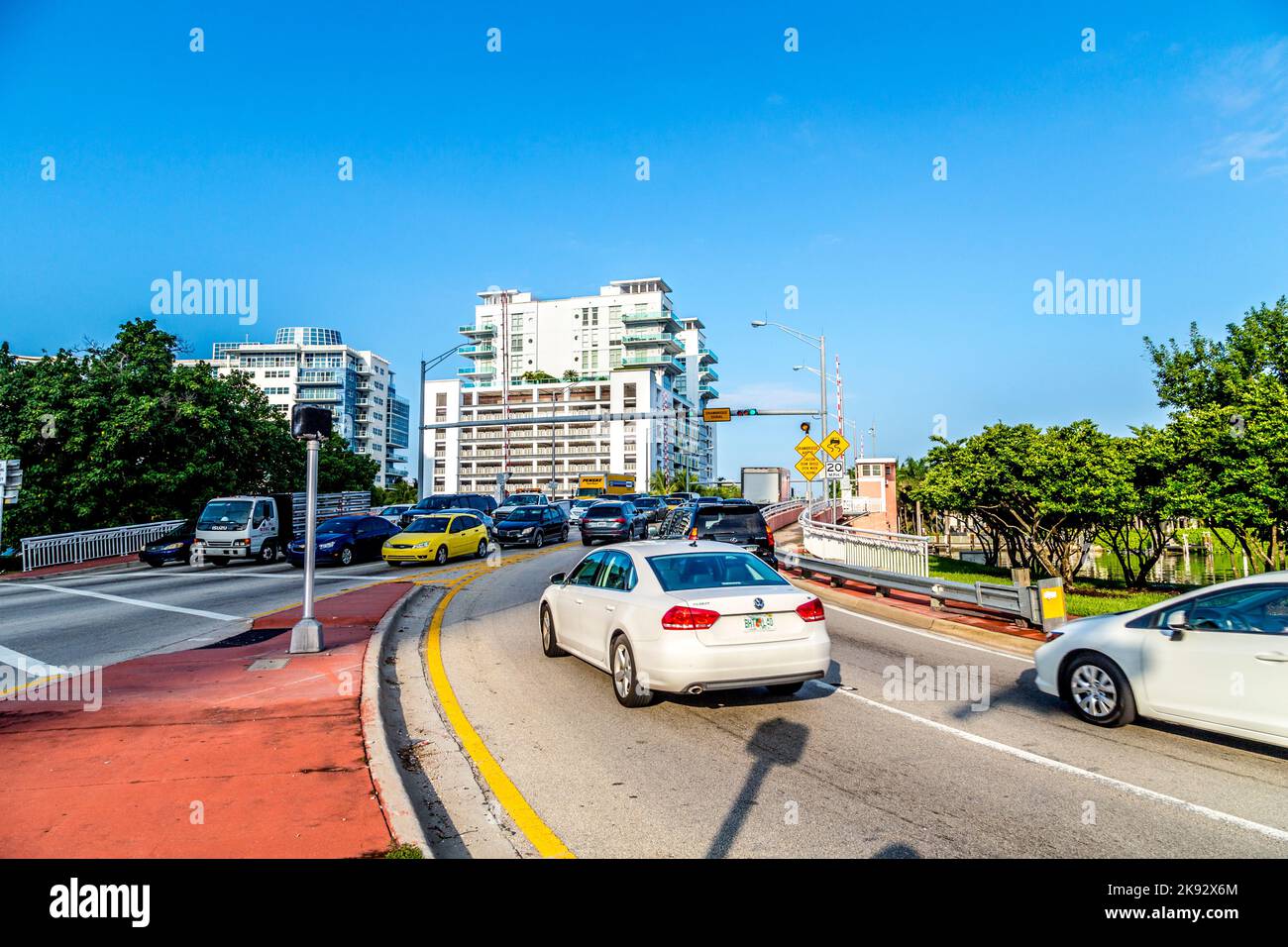 MIAMI, USA - AUG 6, 2013: cars cross the draw bridge in Miami, USA. The ...
