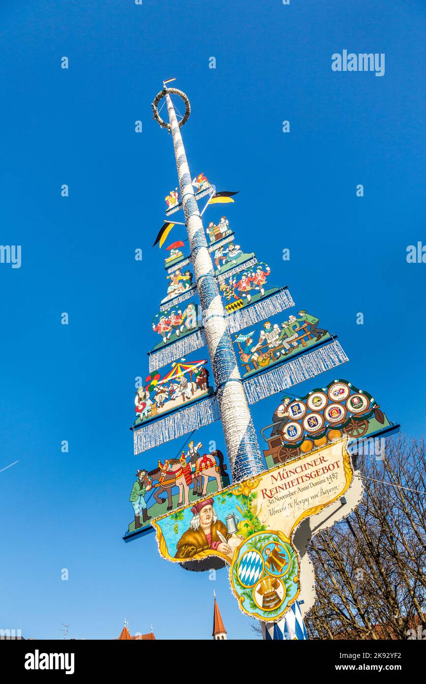 MUNICH, GERMANY - DEC 24, 2014: Bavarian Maypole on Viktualienmarkt, a ...