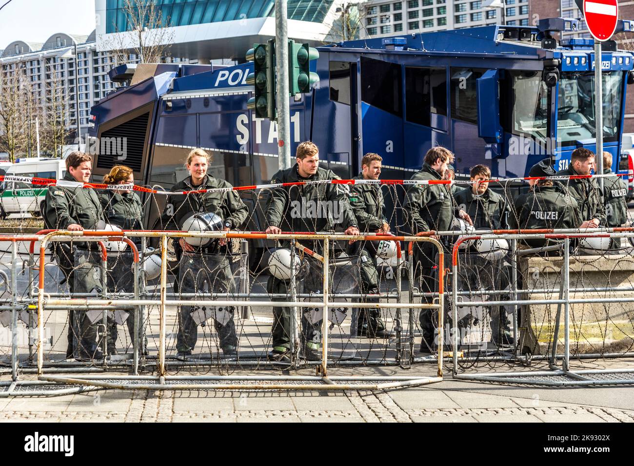 FRANKFURT, GERMANY - MAR 18, 2015: people demonstrate against EZB and ...