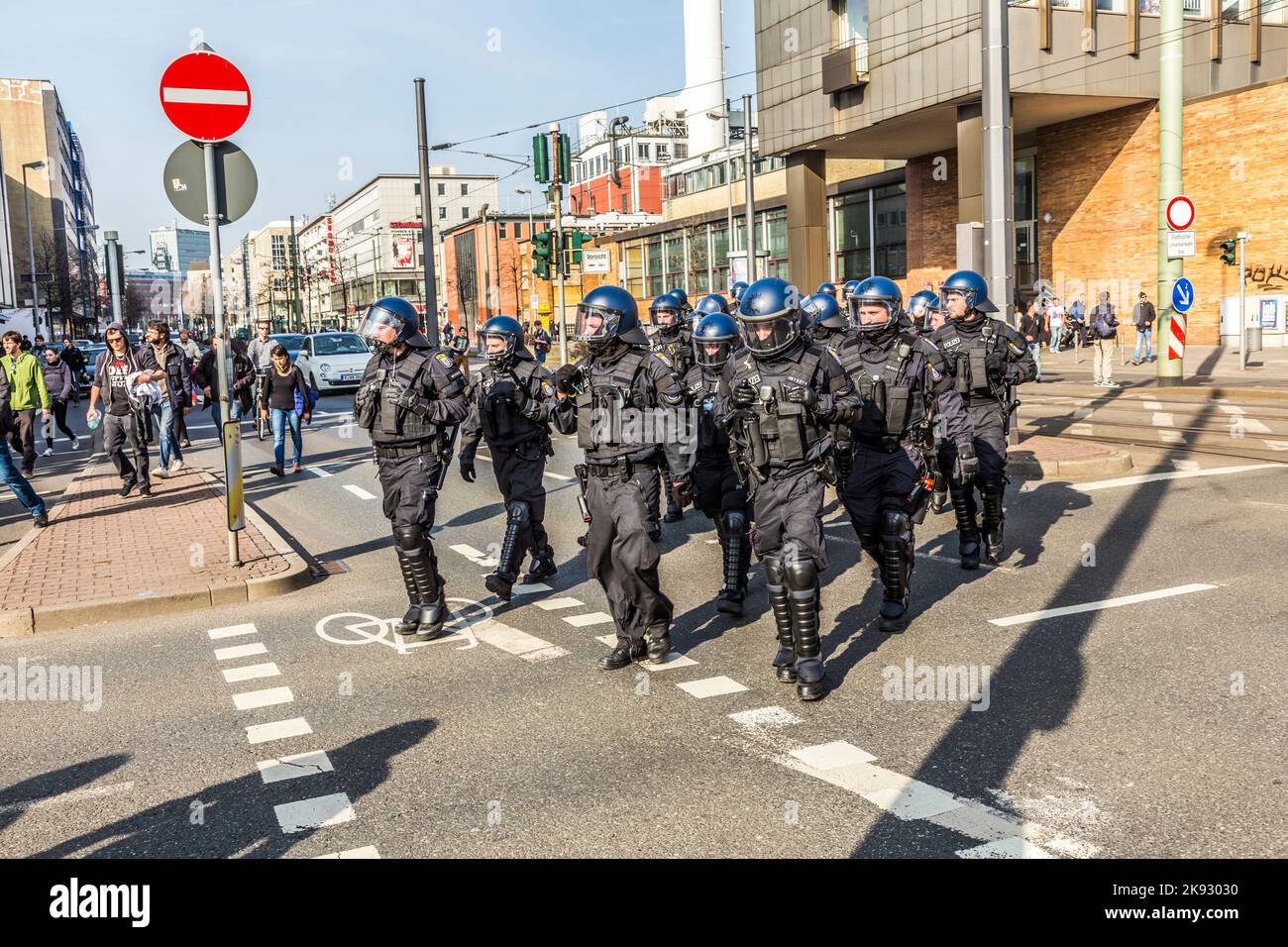 FRANKFURT, GERMANY - MAR 18, 2015: people demonstrate against EZB and ...