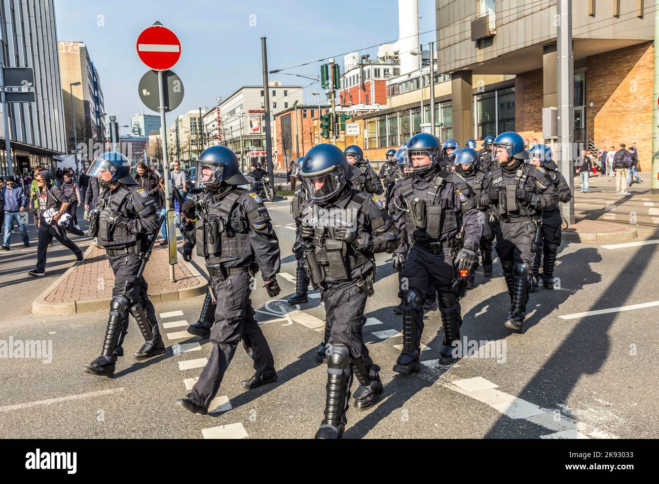 FRANKFURT, GERMANY - MAR 18, 2015: people demonstrate against EZB and ...