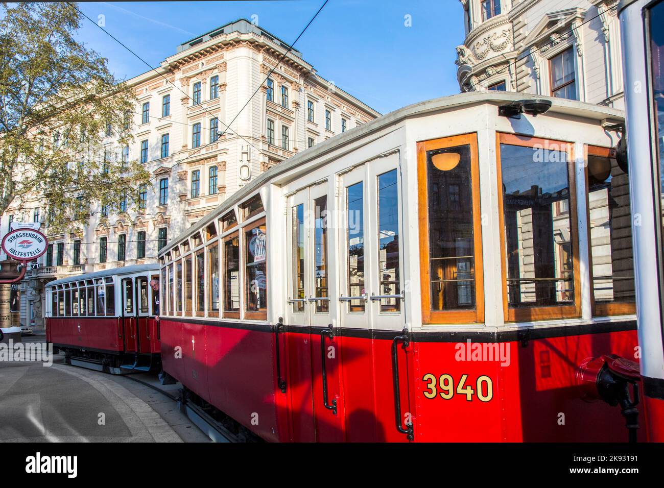 VIENNA, AUSTRIA - APR 25 2015: Old red tram waiting for people on the ...