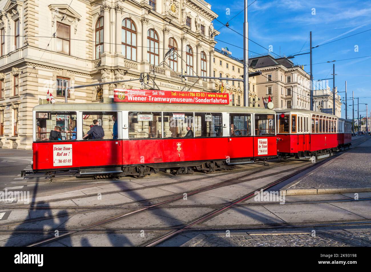 VIENNA, AUSTRIA - APR 25 2015: Old red tram waiting for people on the ...