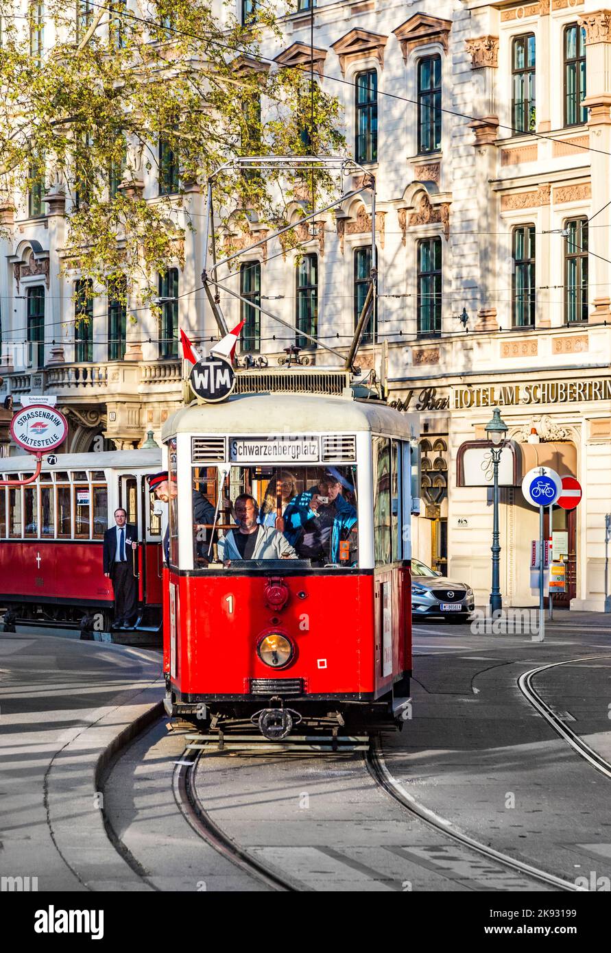 VIENNA, AUSTRIA - APR 25 2015: Old red tram waiting for people on the ...