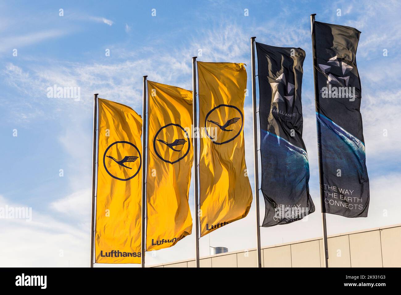 FRANKFURT, GERMANY - MAY 18, 2015: Lufthansa flag with Lufthansa symbol ...