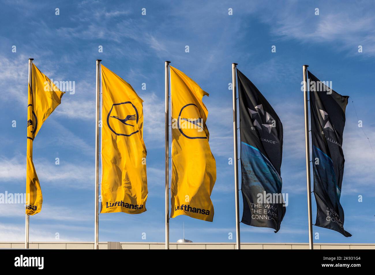 FRANKFURT, GERMANY - MAY 18, 2015: Lufthansa flag with Lufthansa symbol ...