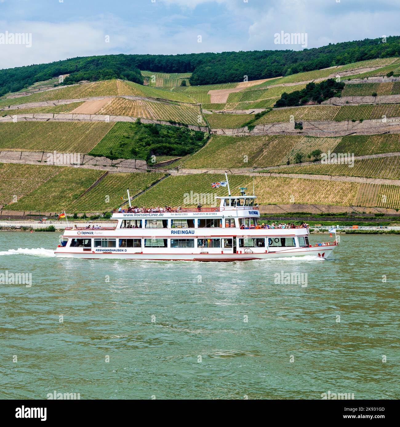 BINGEN, GERMANY - MAY 24, 2015: passenger ferry cruises with passengers ...