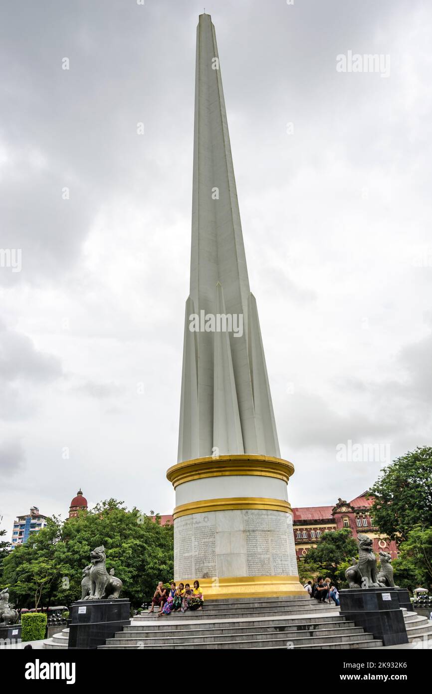 RANGOON, MYANMAR - AUG 13, 2015: people visit the Independence Monument ...