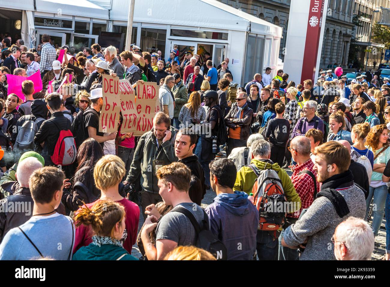FRANKFURT, GERMANY - OCT 3, 2015: people demonstrate against the ...