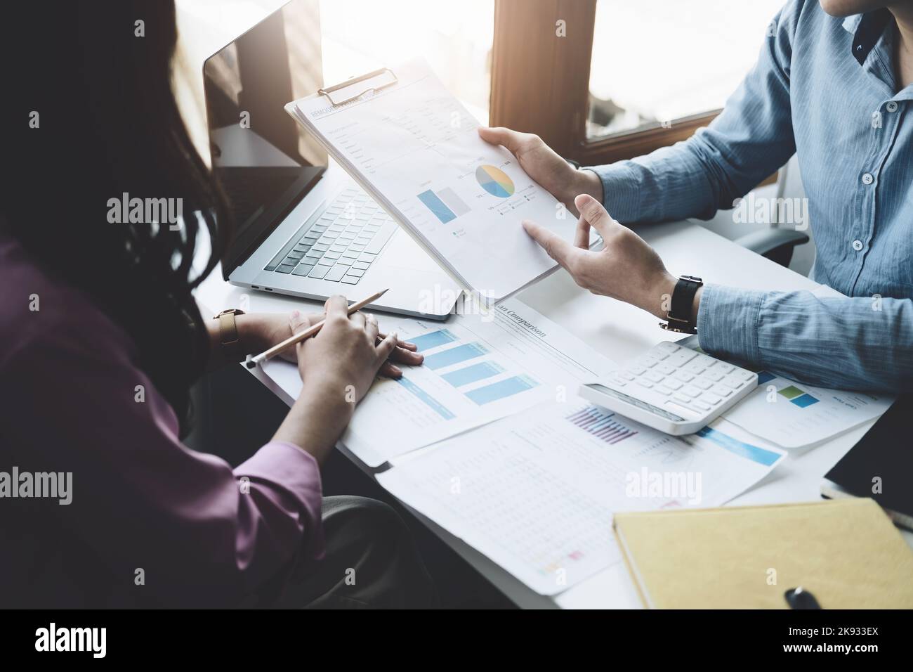 teamwork concept, consulting, portrait of male economist holding budget ...