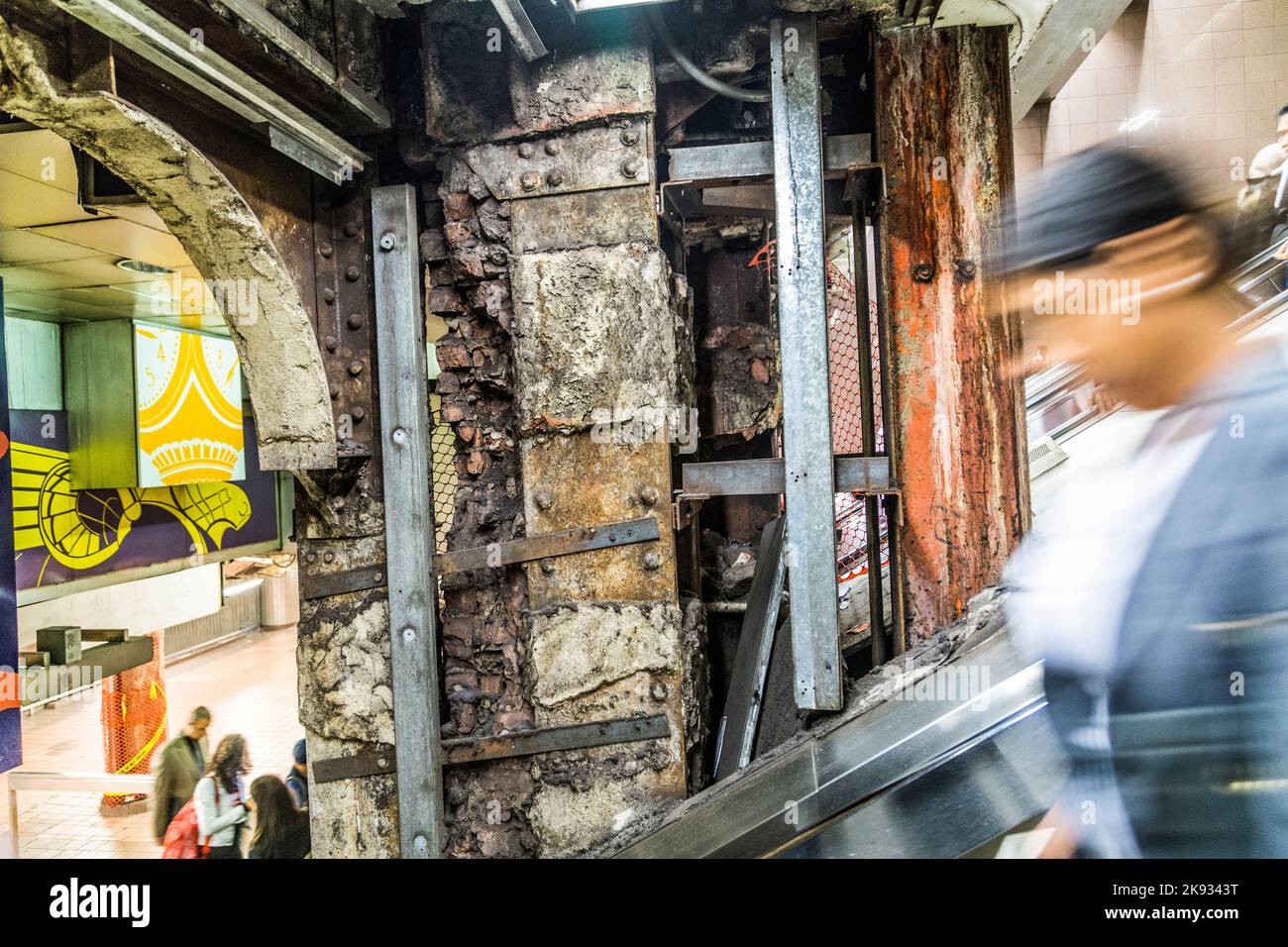 NEW YORK, USA - OCT 21 2015: damaged pillar at subway station times ...
