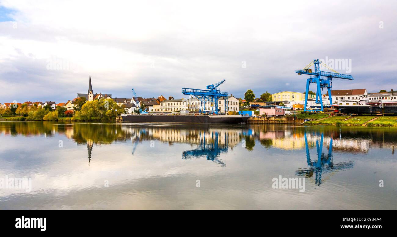 ERLENBACH, GERMANY - OCT 6: crane and wharf at river Main on October 6 ...