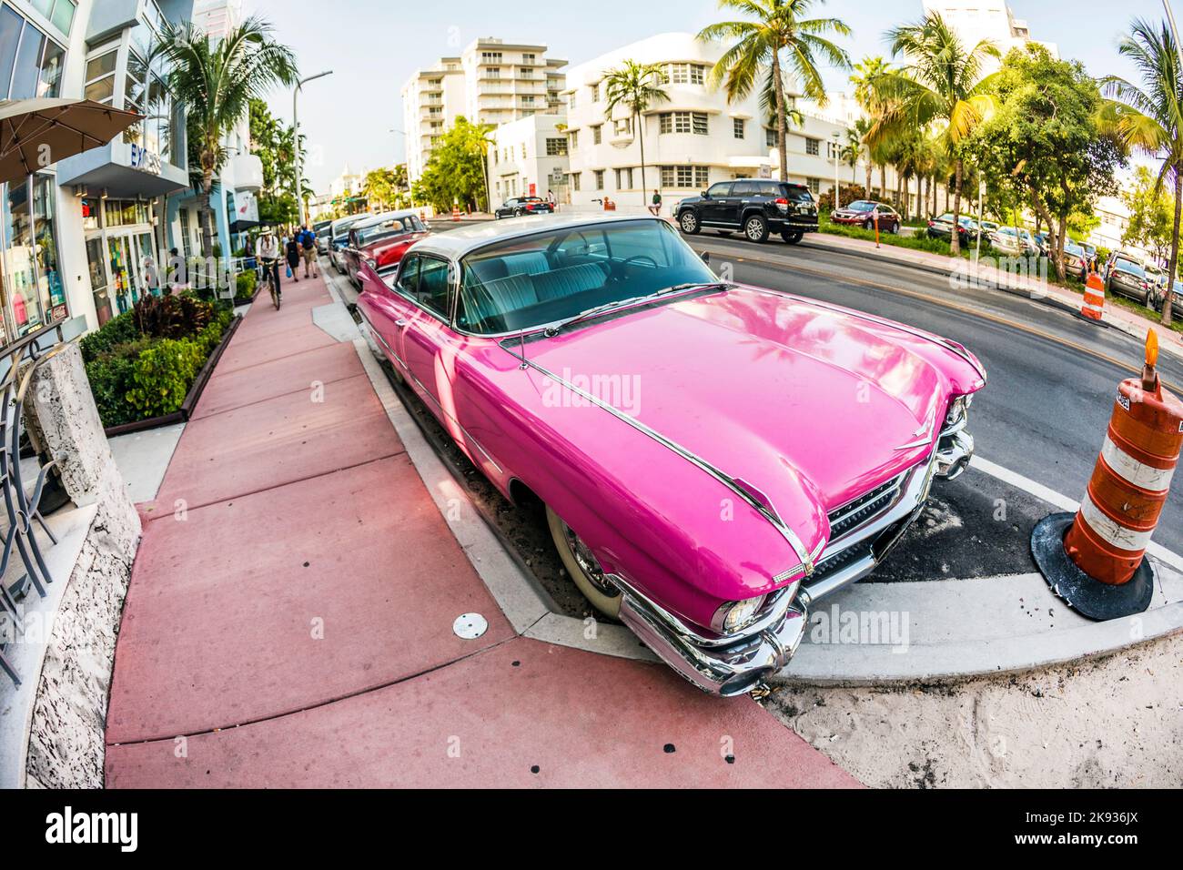 MIAMI, USA - AUG 18, 2014 : Cadillac Vintage car parked at Ocean Drive ...