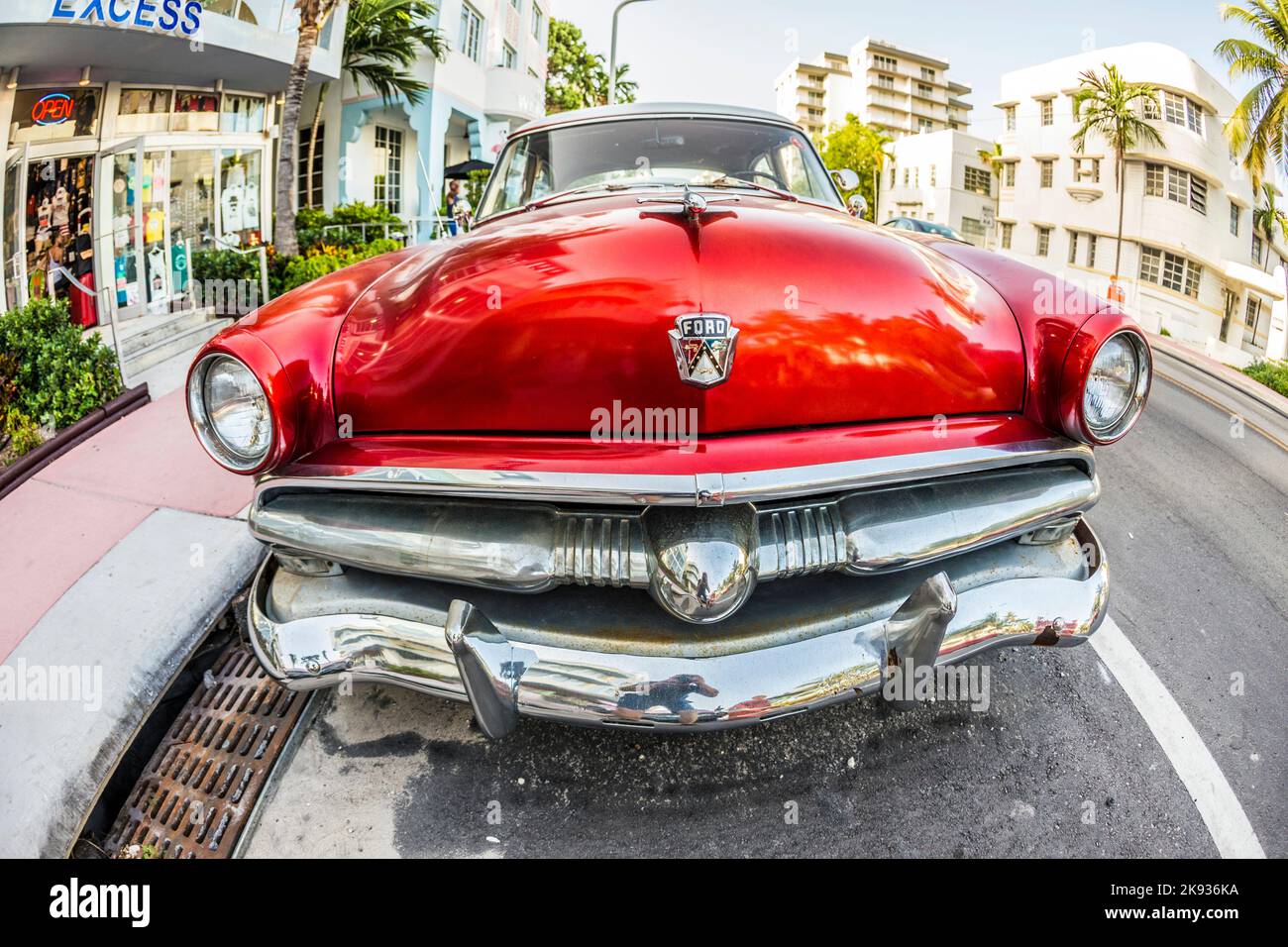 MIAMI, USA - AUG 18, 2014 : Ford Vintage car parked at Ocean Drive in ...