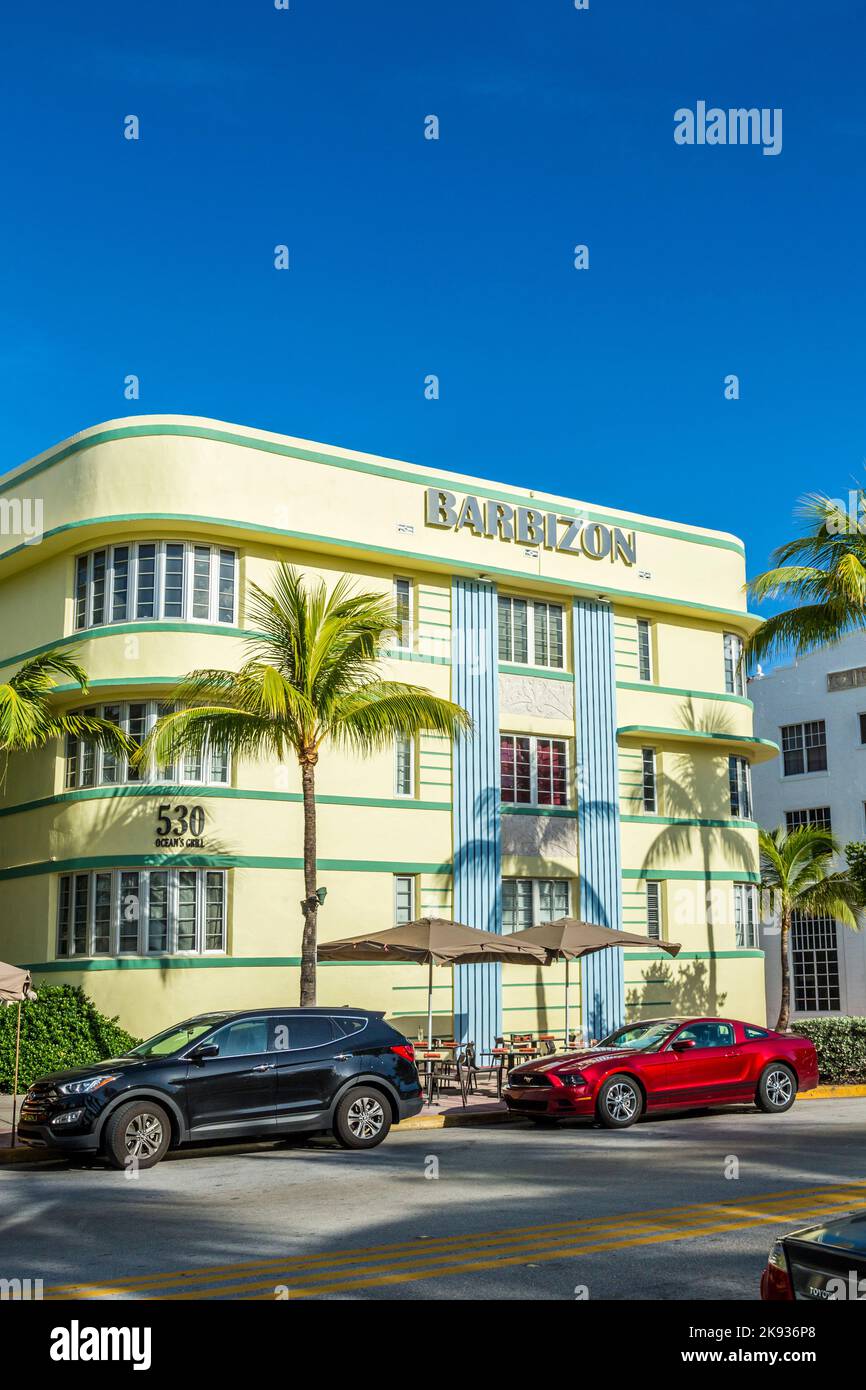 MIAMI, USA - AUG 20, 2014: view at Ocean drive to Hotel Barbizon in ...