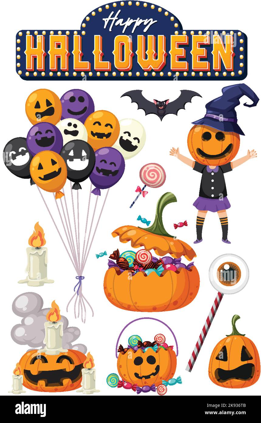Halloween cartoon character and elements set illustration Stock Vector ...