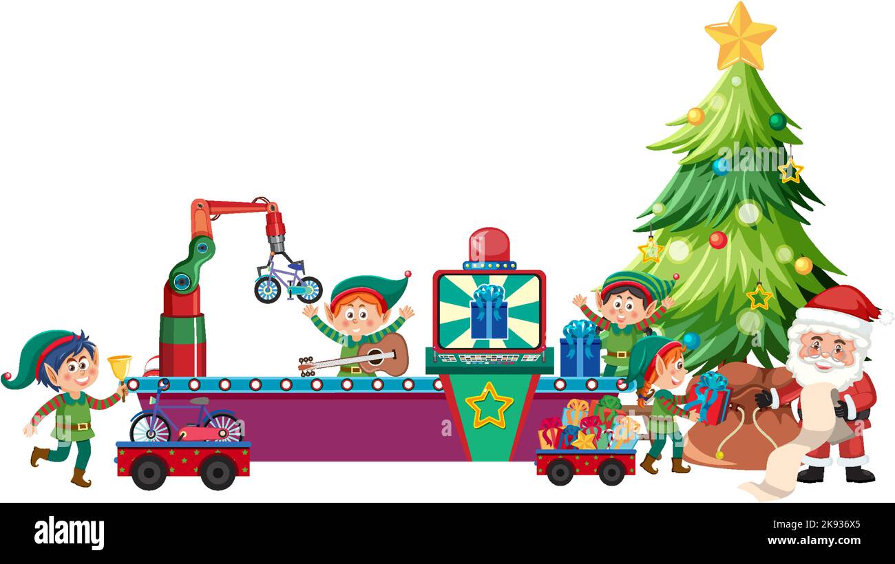 Elf and Santa Claus preparing gift for Christmas illustration Stock ...