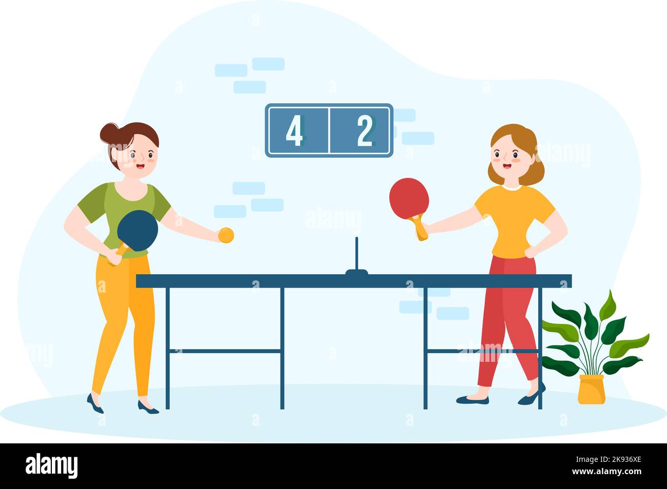 People Playing Table Tennis Sports With Racket And Ball Of Ping Pong Game Match In Flat Cartoon