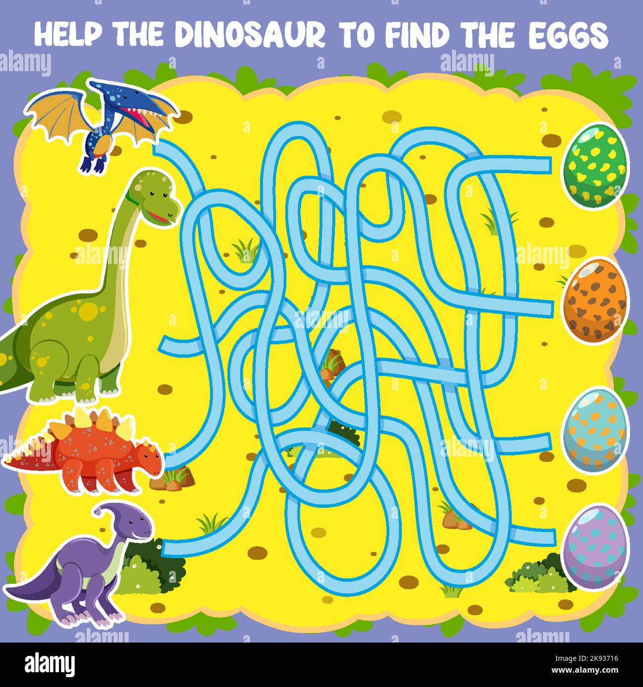 Maze Game Template In Dinosaur Theme For Kids Illustration Stock Vector