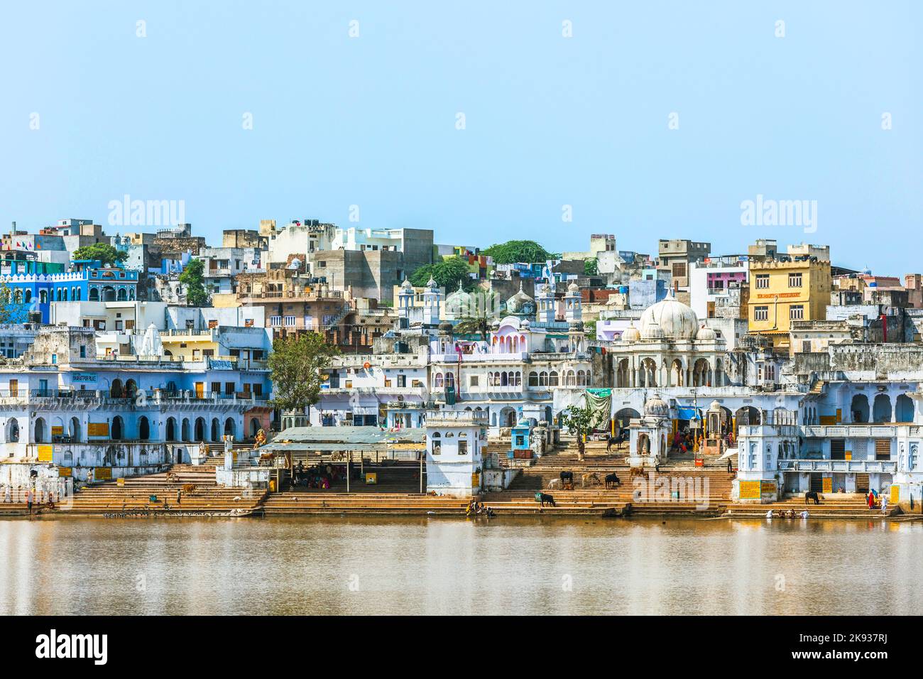 PUSHKAR, INDIA - OCTOBER 20, 2012: Pilgrims take ritual bathing in holy ...