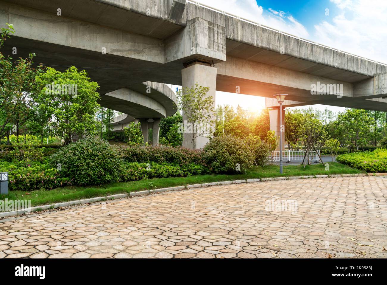 Concrete structure and asphalt road space under the overpass in the ...