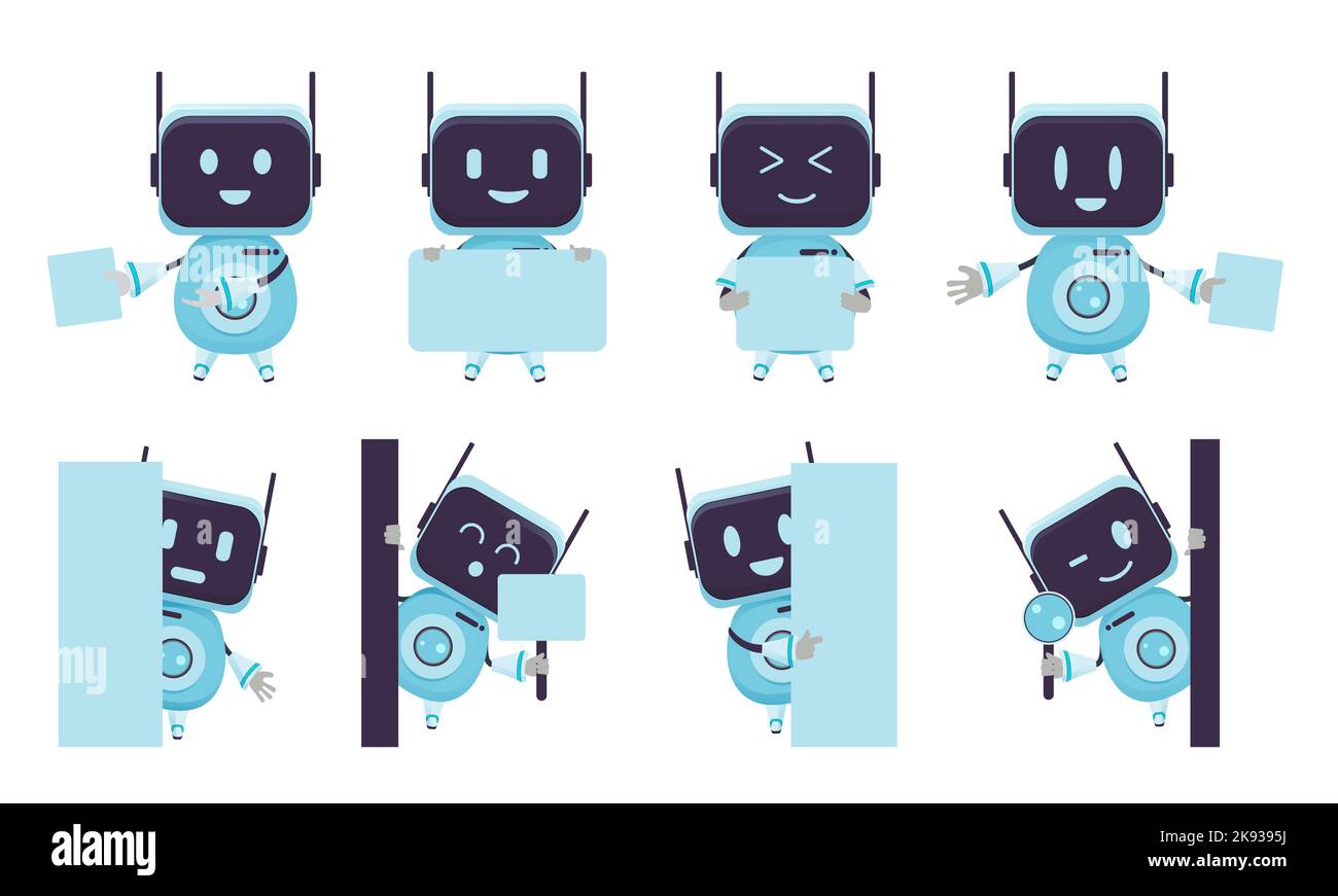 Robot presentation characters vector set. Robotic chat bot character with presenting and showing ...