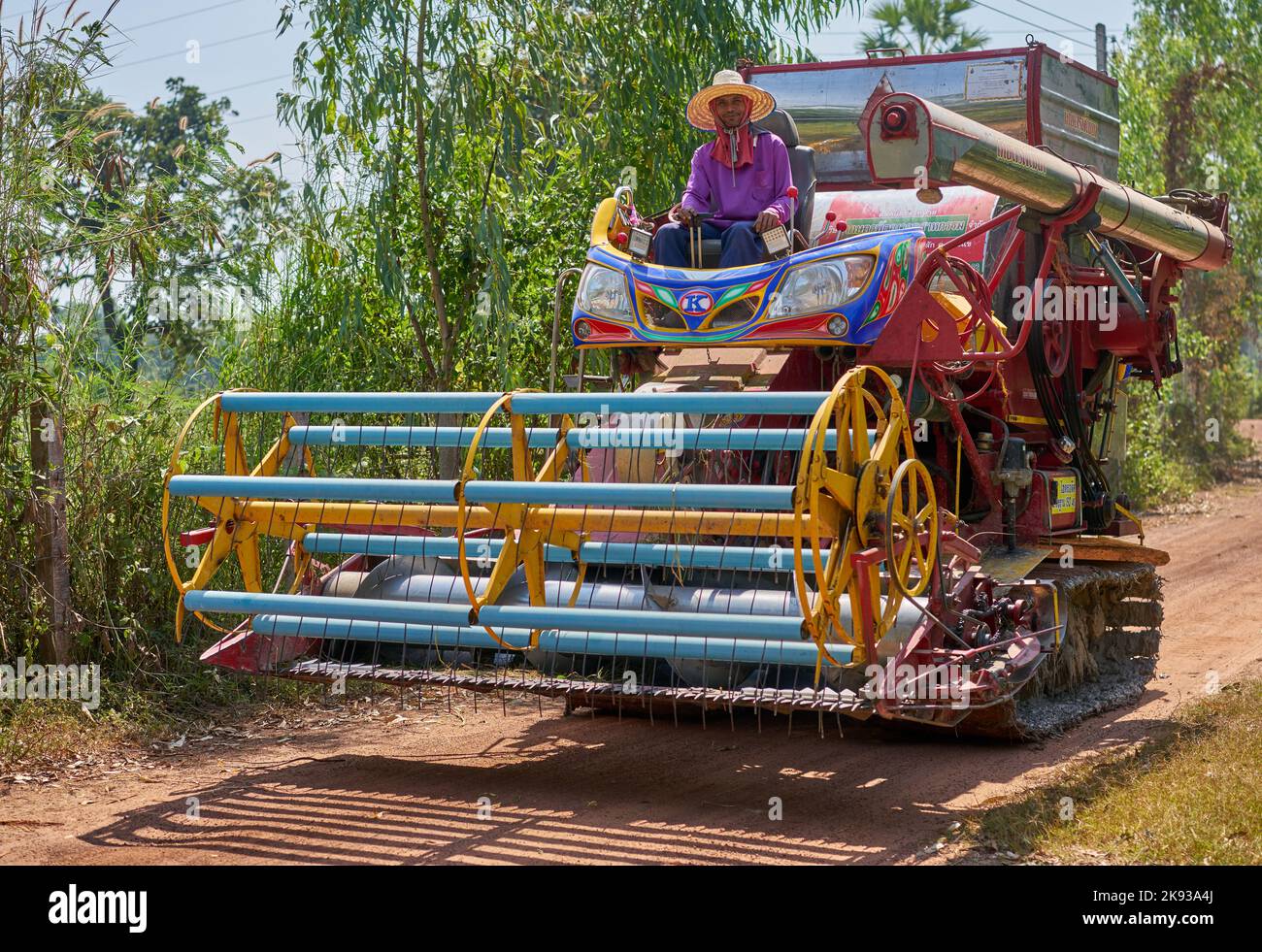 A man sits on a rice harvesting machine on a small rural road in ...