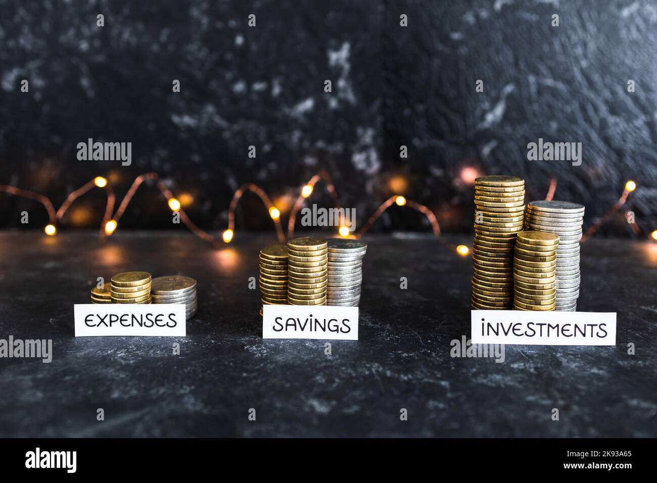 Expenses savings and investment text in front of growing stacks of ...