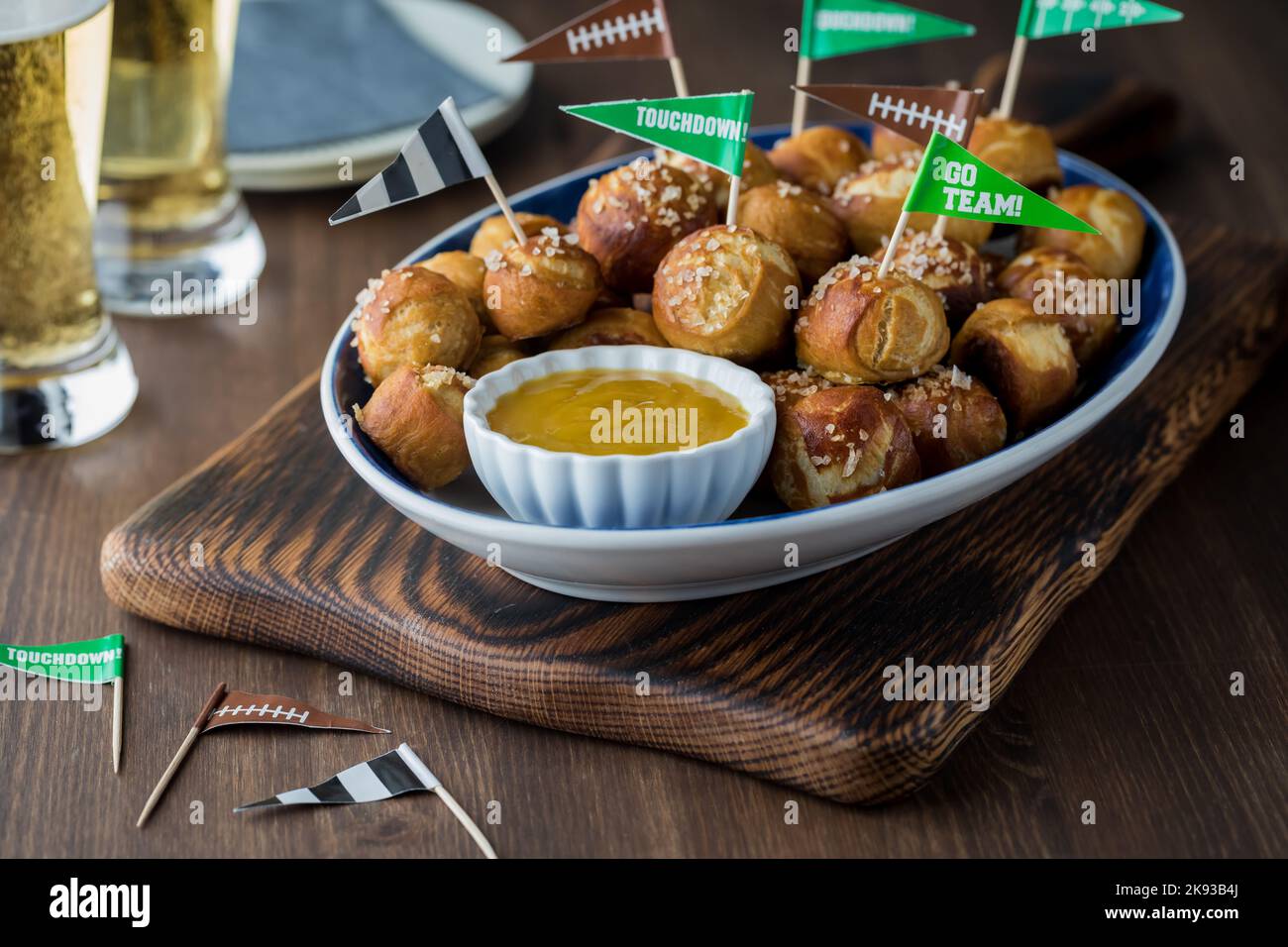 A platter of homemade pretzel bites with beer, ready for a Super Bowl ...