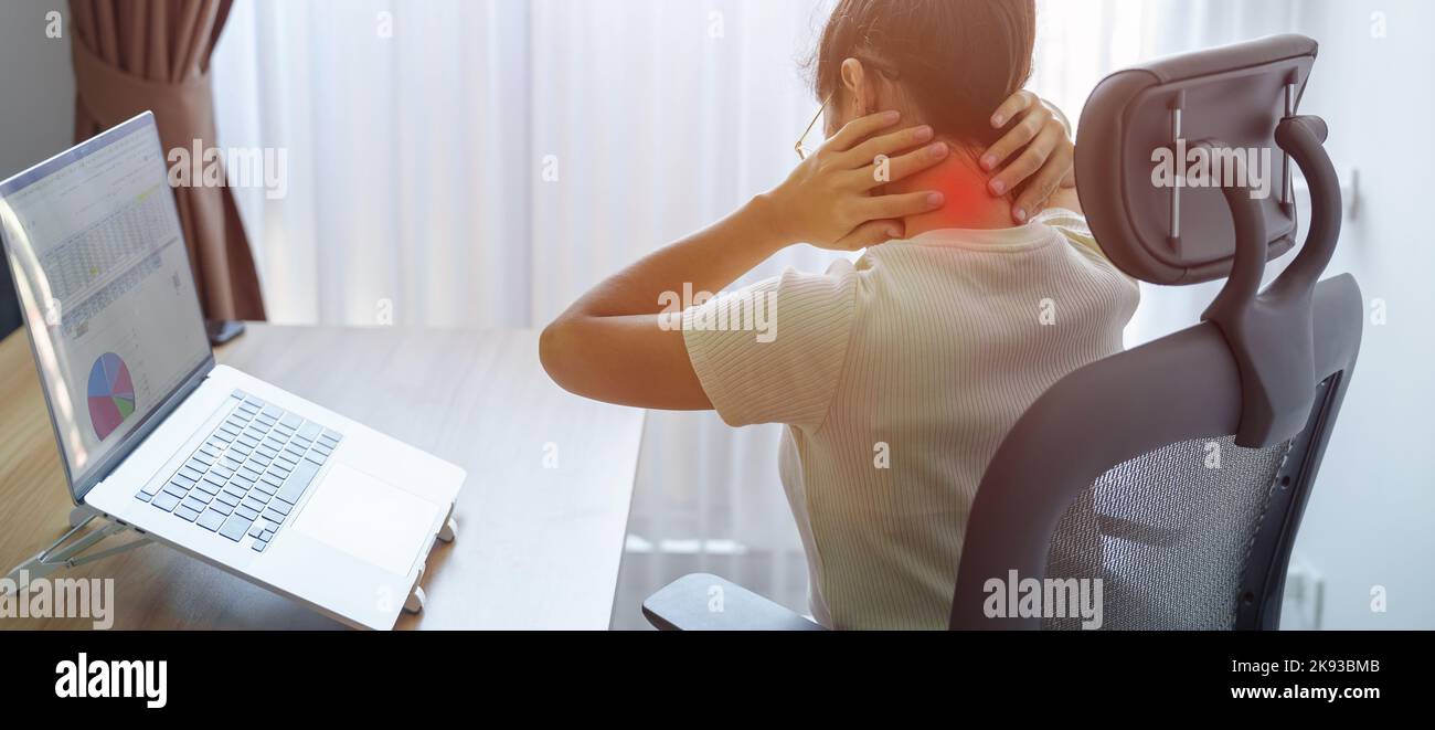 Woman having Neck and Shoulder pain during work long time on workplace ...