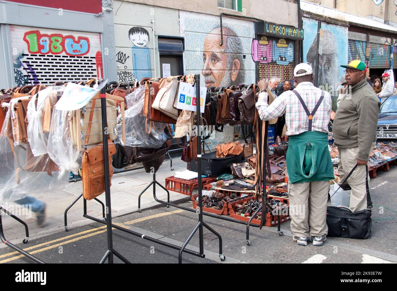Open-air hand-bag stall, Brick Lane Market, Brick Lane, Tower Hamlets ...