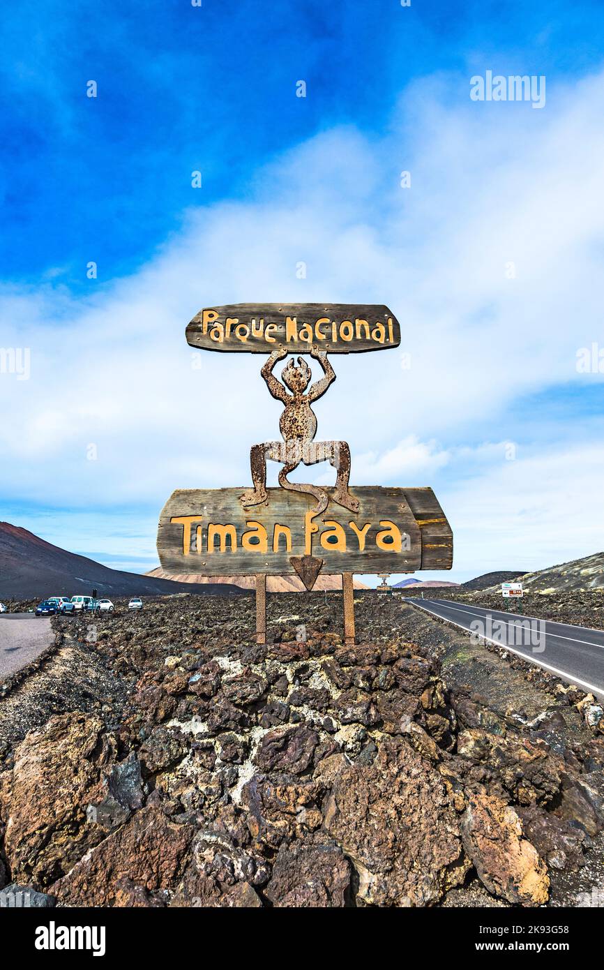 YAIZA, SPAIN - NOV 12, 2014: Devil sign by entrance Timanfaya National ...