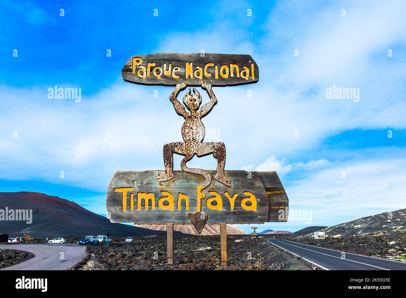 YAIZA, SPAIN - NOV 12, 2014: Devil sign by entrance Timanfaya National ...