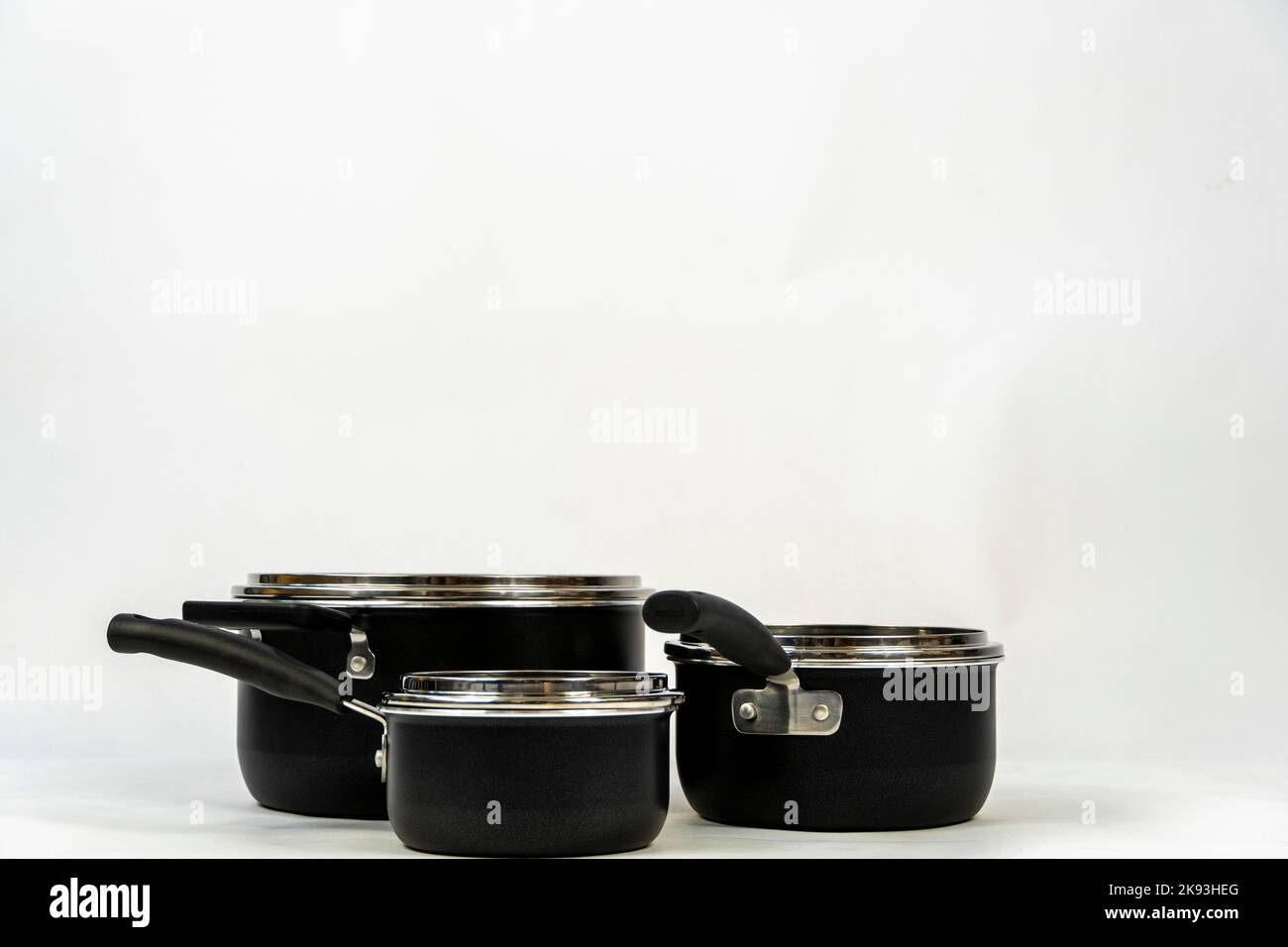 Set of aluminum cookware on kitchen counter, metal cookware, mexico ...