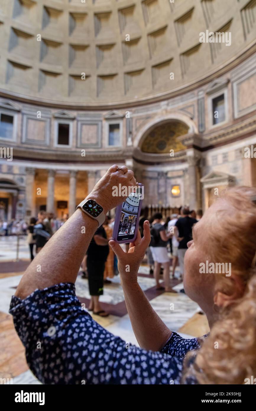 Rome, Italy. 21st Sep, 2022. Tourists take photos inside the Pantheon ...