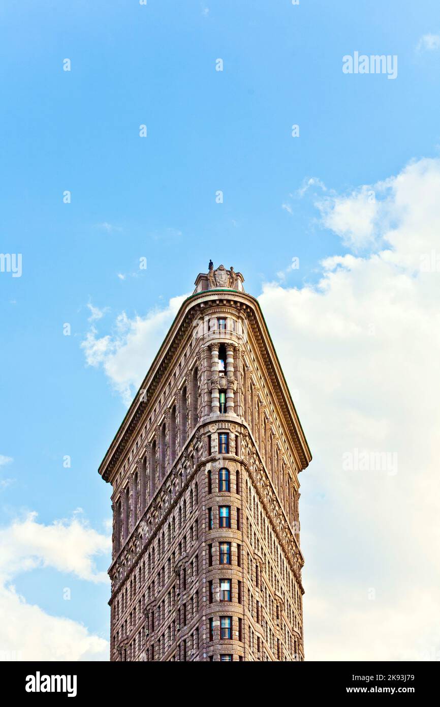 NEW YORK CITY – JULY 12: Facade of the Flatiron building with iron ...