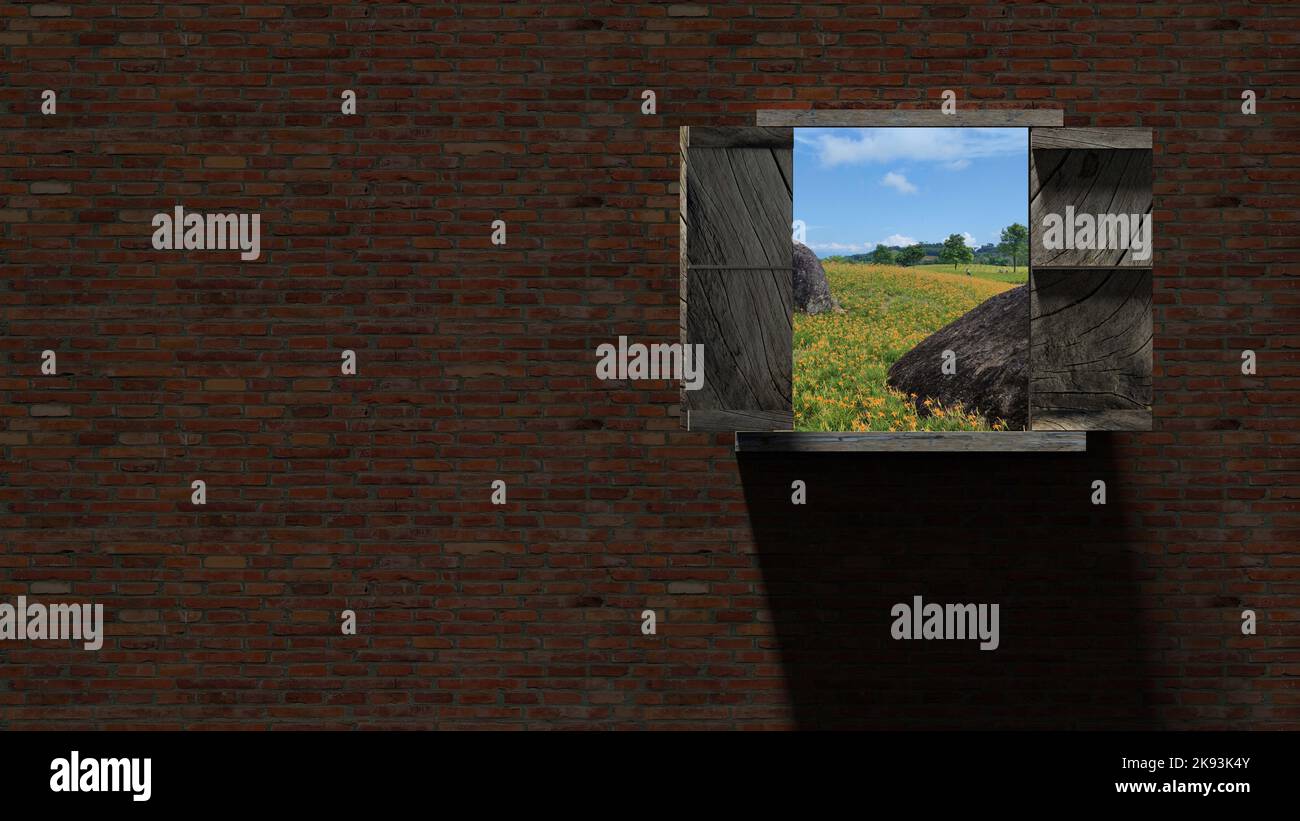 The 3d rendering of Looking out the beautiful scenery through the brick ...