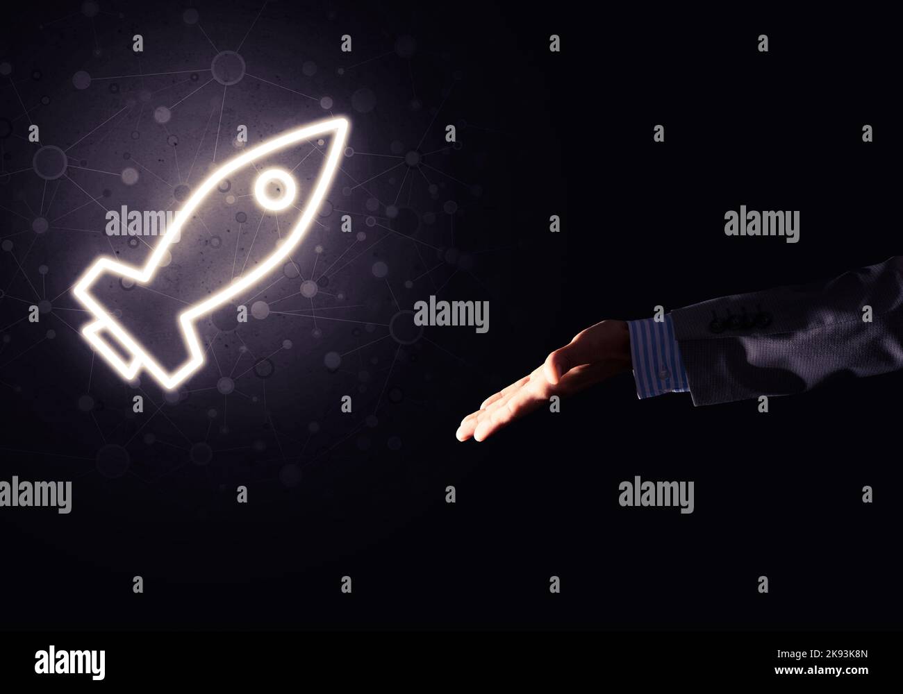 Man palm presenting Rocket web icon as technology concept Stock Photo ...