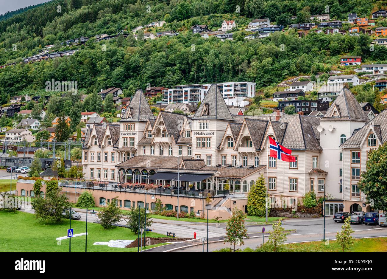 Voss, Norway - August 17 2022: View of the village on the slopes of the ...